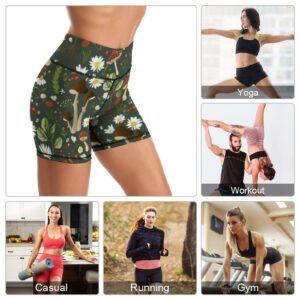 Green Flower Mushroom Daisy Camouflage Floral Women's High Waist Bike Shorts for Workout Sports Athletic Running Hiking Biker Yoga Gym XL Size