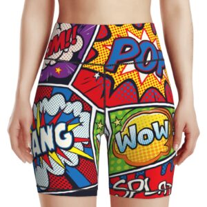 retro pop art comic shout women's high waist bike shorts for workout sports athletic running hiking biker yoga gym large size