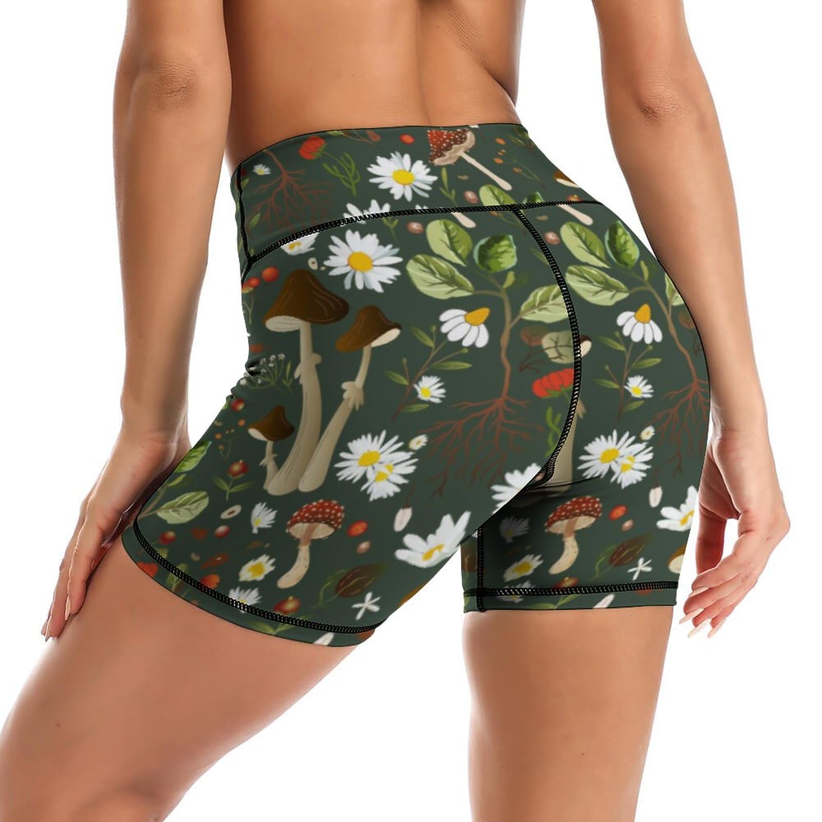 Green Flower Mushroom Daisy Camouflage Floral Women's High Waist Bike Shorts for Workout Sports Athletic Running Hiking Biker Yoga Gym XL Size