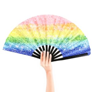 hand fans for women foldable,large folding hand rave fan,folding hand fan,folding fan,hand fans,pride fan,bamboo and nylon-cloth folding hand fan,folding fan dance fan for women men (glitter rainbow)