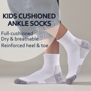 EPEIUS Kids Boys/Girls' Cushioned Socks Thick Cotton Athletic Running Socks Ankle Sports 6 Pack 7-10 Years,White(Grey Sole)