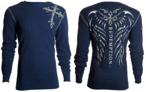 archaic by affliction men's thermal shirt spine wings navy m