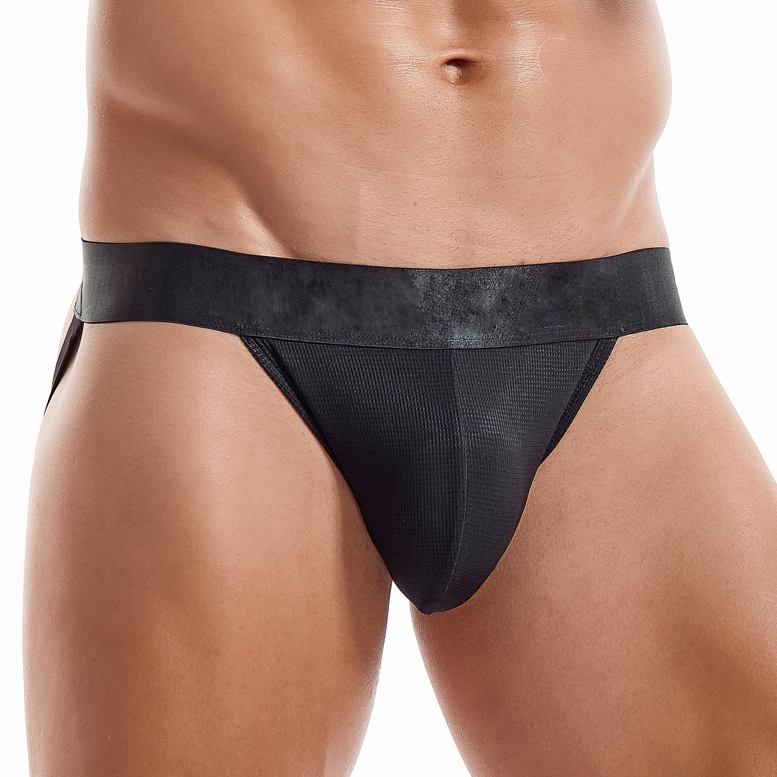 FreeNFond Men's Jock Strap, Wide Band Male Underwear Jockstrap Athletic Supporter for Gym Vasectomy Rugby Marathon Training (as1, alpha, l, regular, regular, Black)