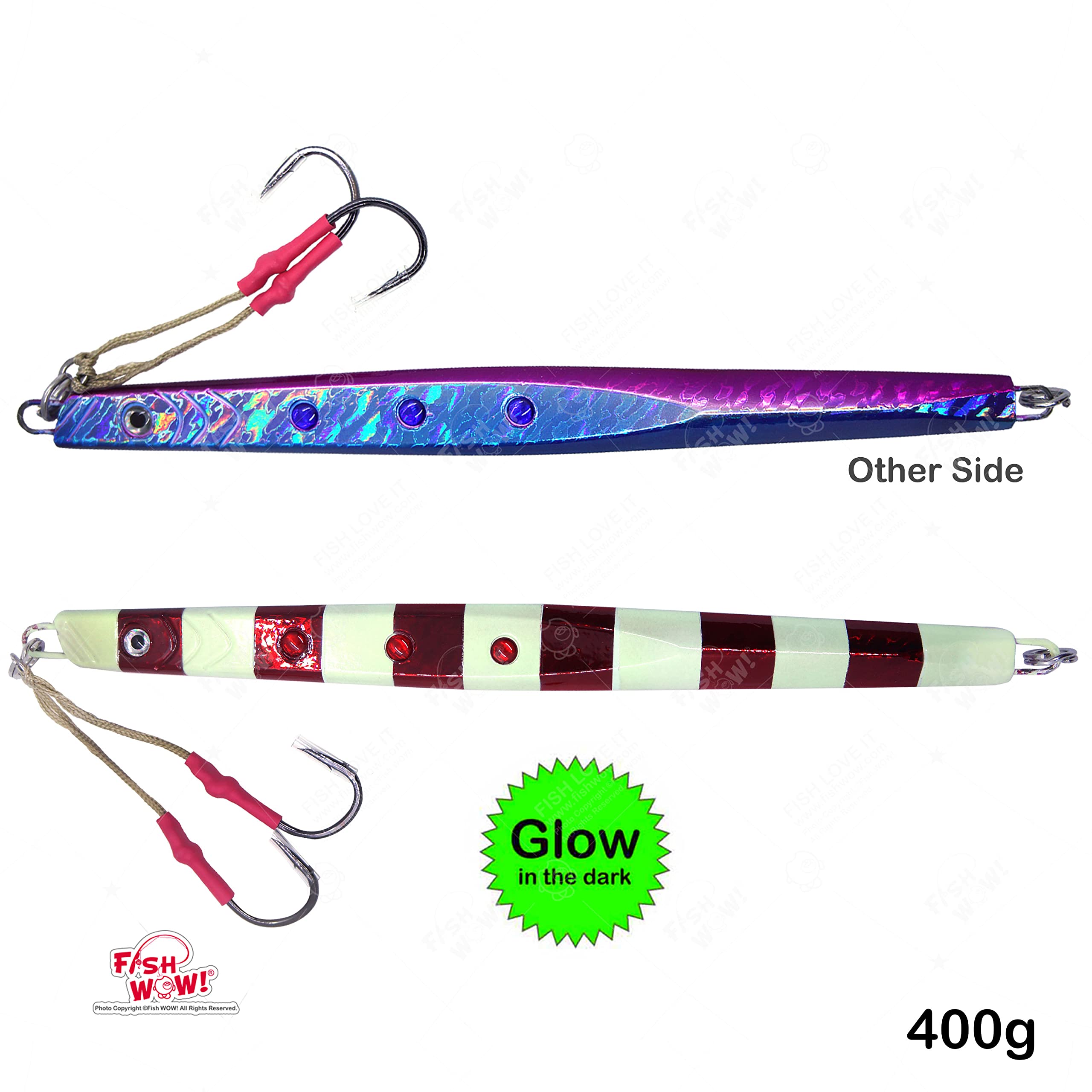 Red Glow Fish WOW!® 400g Speed jigs 14oz Fishing Vertical Knife Trolling Jig Fall Metal Flat Bait with Two Assist Hook