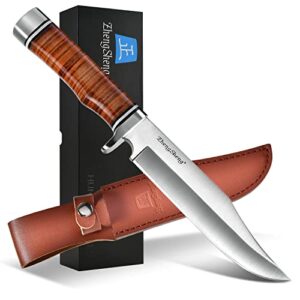 zhengsheng 6.7 inches fixed blade hunting knife genuine leather handle bowie knife with leather sheath straight edge knife for camping, hiking, survival