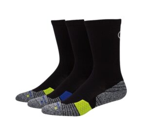 champion men's, performance sport running crew socks, 3-pack, black assorted-3 pack, 6-12