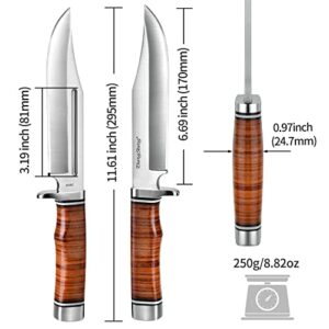 ZhengSheng 6.7 inches Fixed Blade Hunting Knife Genuine Leather Handle Bowie Knife with Leather Sheath Straight Edge Knife for Camping, Hiking, Survival