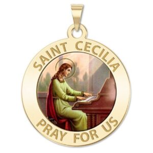 picturesongold.com saint cecilia round religious medal - 14k yellow gold - 2/3 x 2/3 inch size of dime