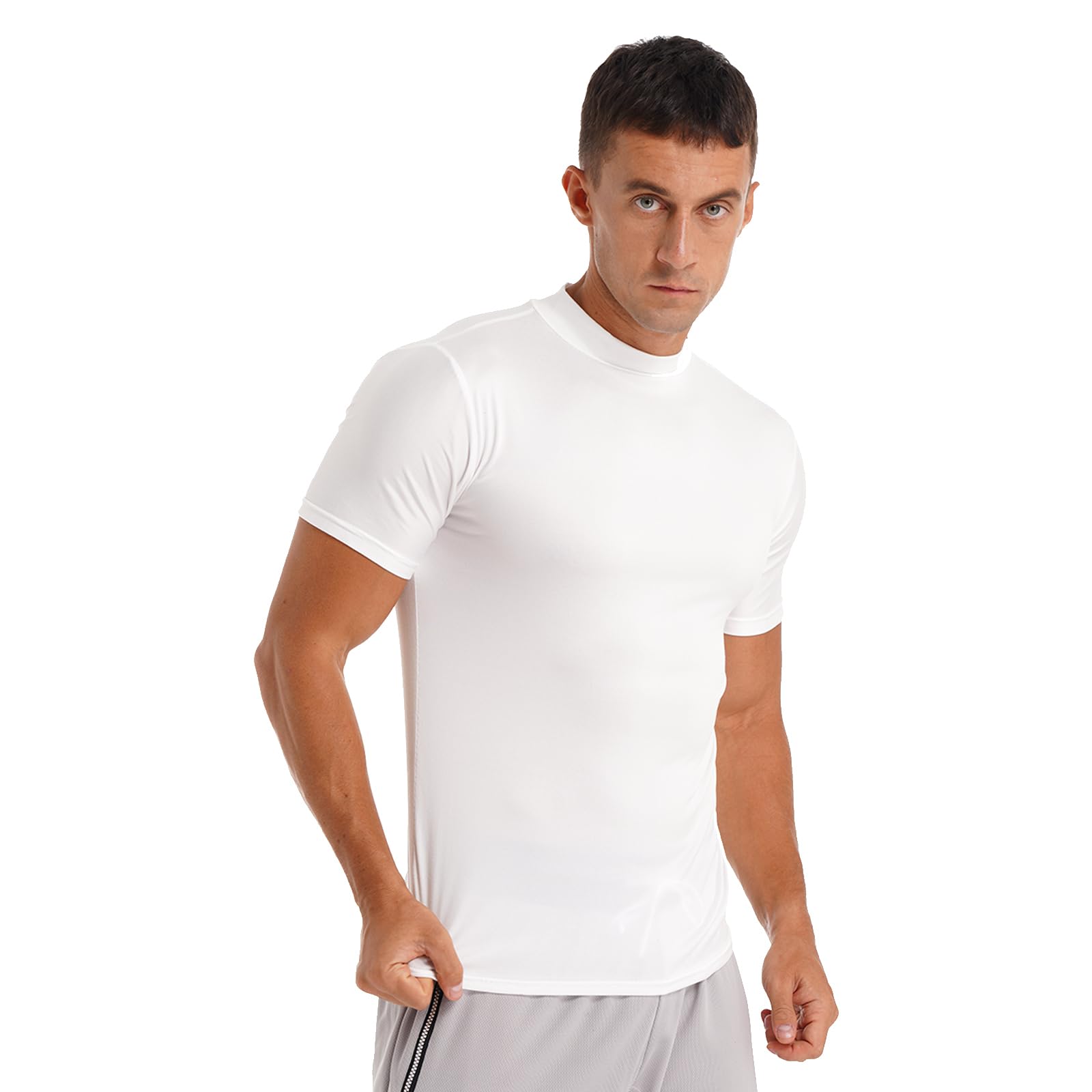 YEAHDOR Mens Mock Neck T Shirts Short Sleeve Turtleneck Casual Undershirt Pullover Thermal Solid Tops White Large