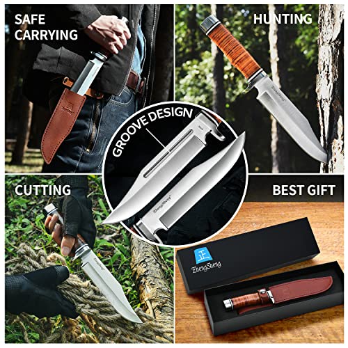 ZhengSheng 6.7 inches Fixed Blade Hunting Knife Genuine Leather Handle Bowie Knife with Leather Sheath Straight Edge Knife for Camping, Hiking, Survival