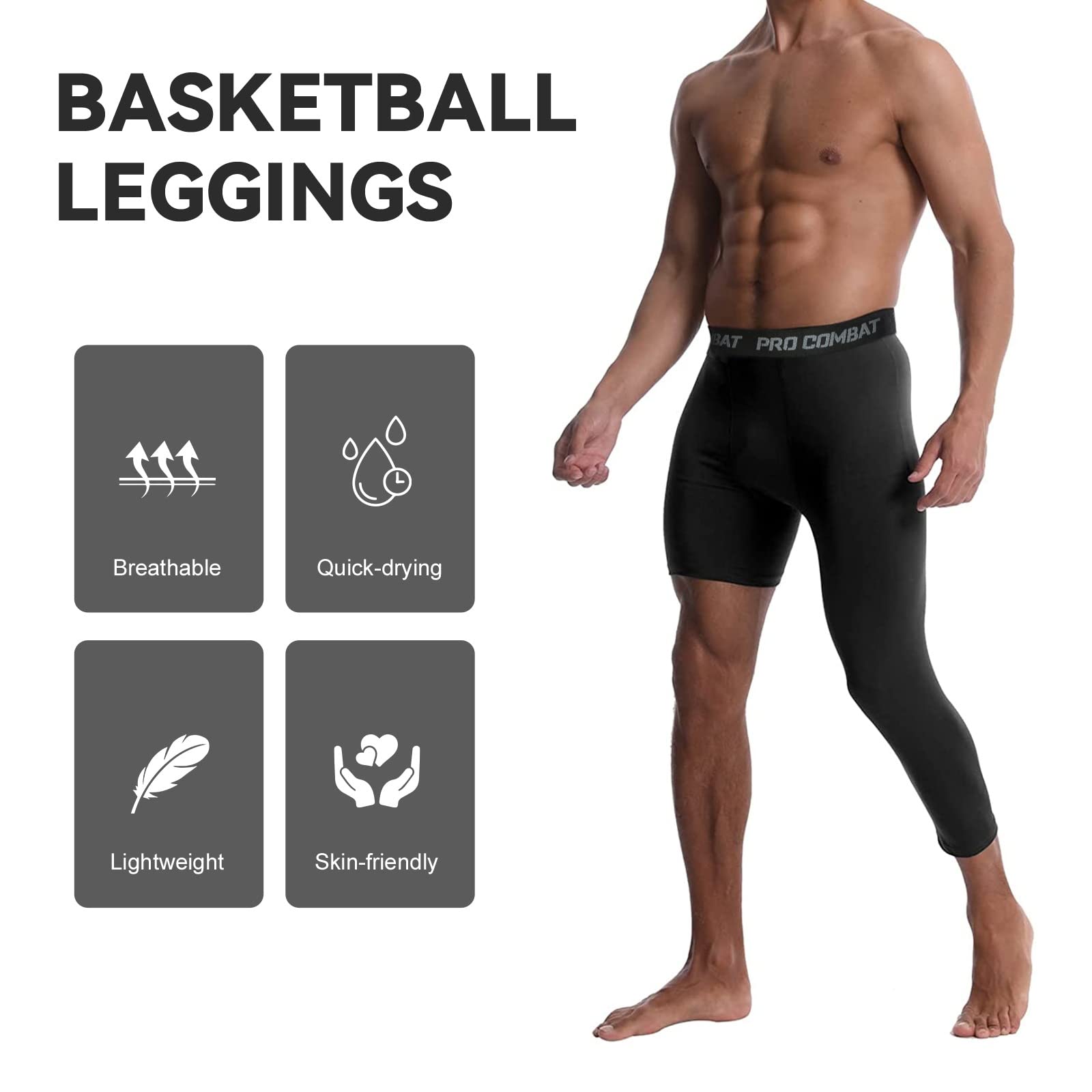 3 Pack Men's Compression Pants Single Leg 3/4 Basketball Tights Leggings Athletic Running Tights One Leg Base Layer Underwear Black S