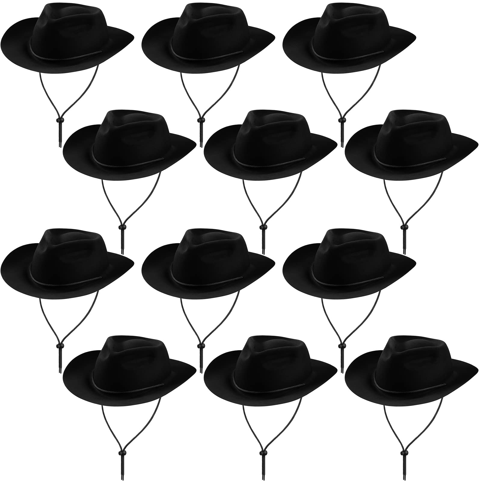 Hicarer 12 Pieces Western Cowboy Hat Set Plastic Felt Wide Brimmed Felt Cowgirl Party Hat for Men Women Costume Party(Black)