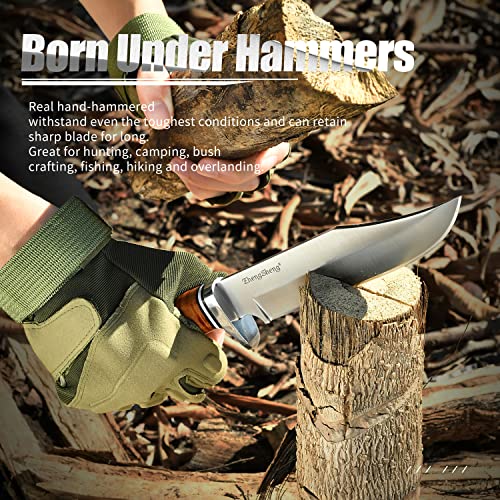 ZhengSheng 6.7 inches Fixed Blade Hunting Knife Genuine Leather Handle Bowie Knife with Leather Sheath Straight Edge Knife for Camping, Hiking, Survival