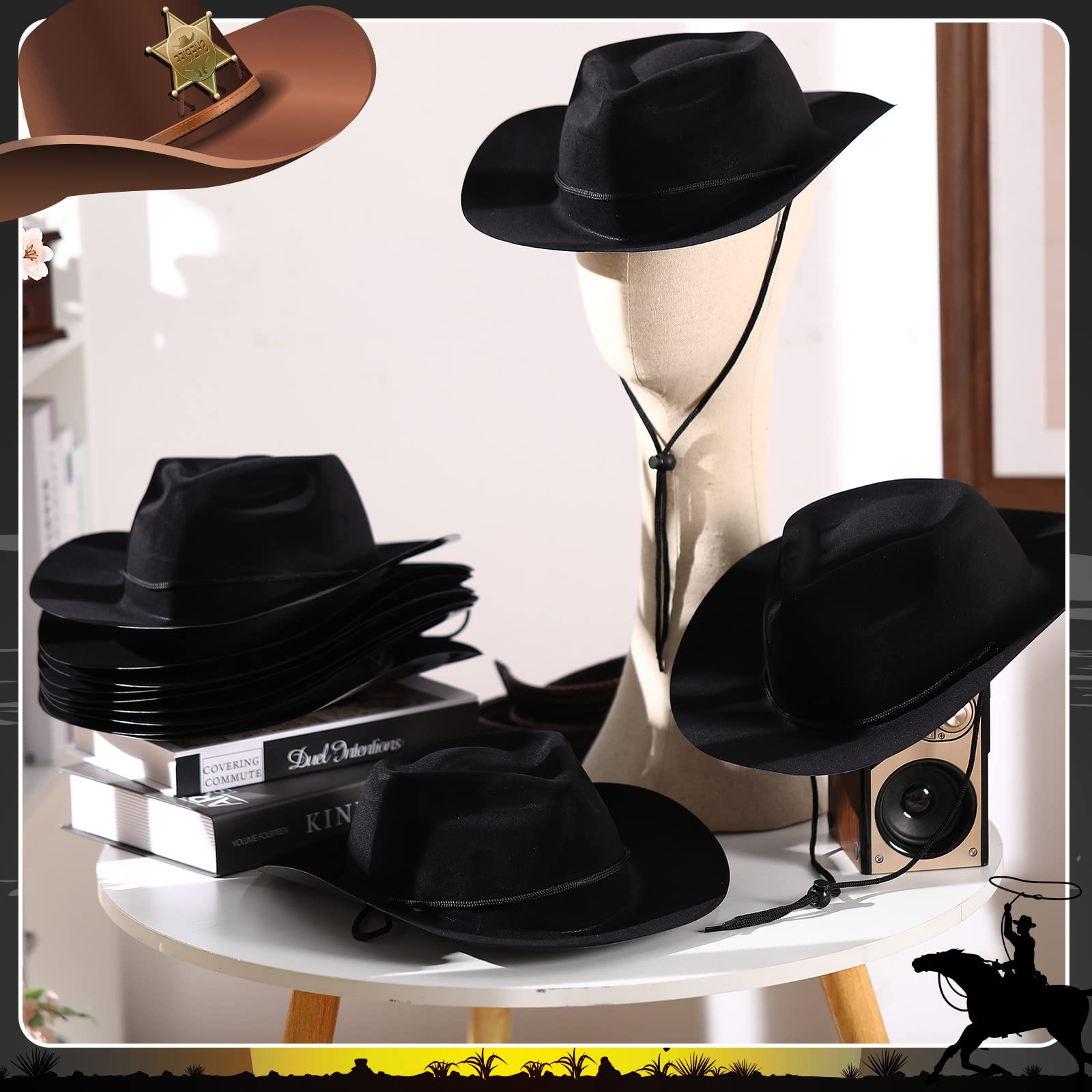 Hicarer 12 Pieces Western Cowboy Hat Set Plastic Felt Wide Brimmed Felt Cowgirl Party Hat for Men Women Costume Party(Black)