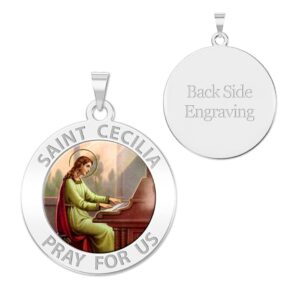 picturesongold.com saint cecilia round religious medal - 10k white gold - 3/4 x 3/4 inch size of a nickel with engraving