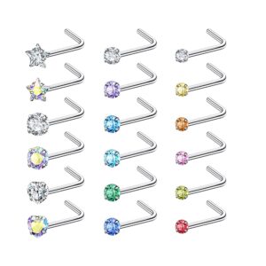 zzhdcc nose studs 20g 316l surgical steel nose rings studs for women men lip cartilage nose piercing jewelry 18pcs colorful cz heart star l shaped nose rings (l shaped)