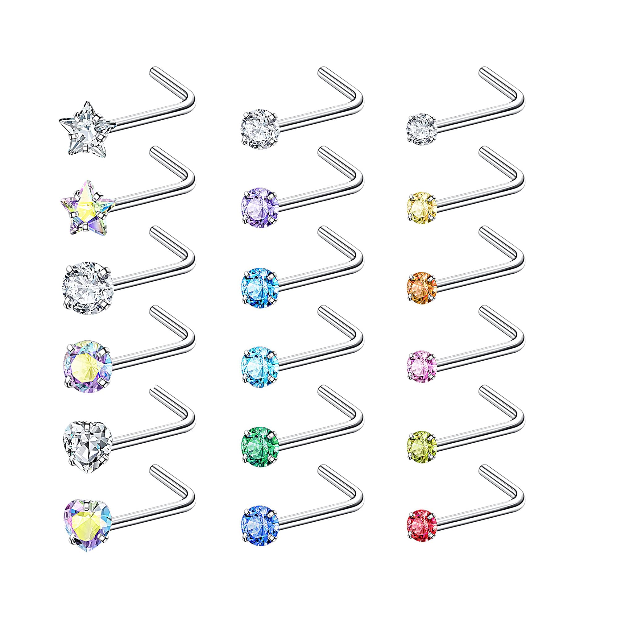 ZZHDCC Nose Studs 20G 316L Surgical Steel Nose Rings Studs For Women Men Lip Cartilage Nose Piercing Jewelry 18PCS Colorful CZ Heart Star L Shaped Nose Rings (L Shaped)