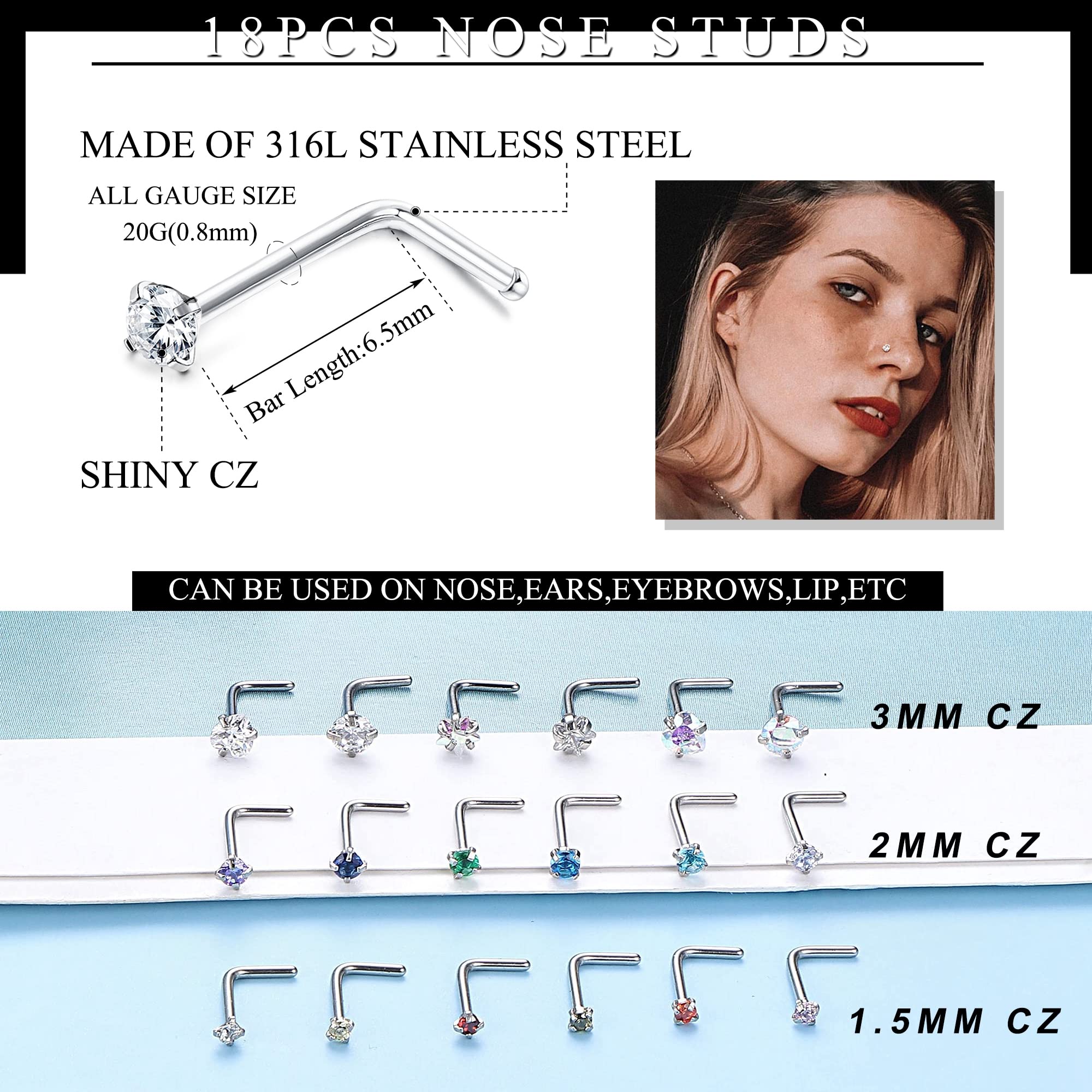 ZZHDCC Nose Studs 20G 316L Surgical Steel Nose Rings Studs For Women Men Lip Cartilage Nose Piercing Jewelry 18PCS Colorful CZ Heart Star L Shaped Nose Rings (L Shaped)