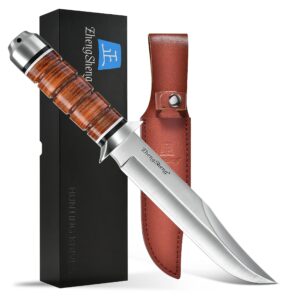 zhengsheng 6.4 inches fixed blade hunting knife genuine leather handle bowie knife with leather sheath straight edge knife for camping, hiking, survival