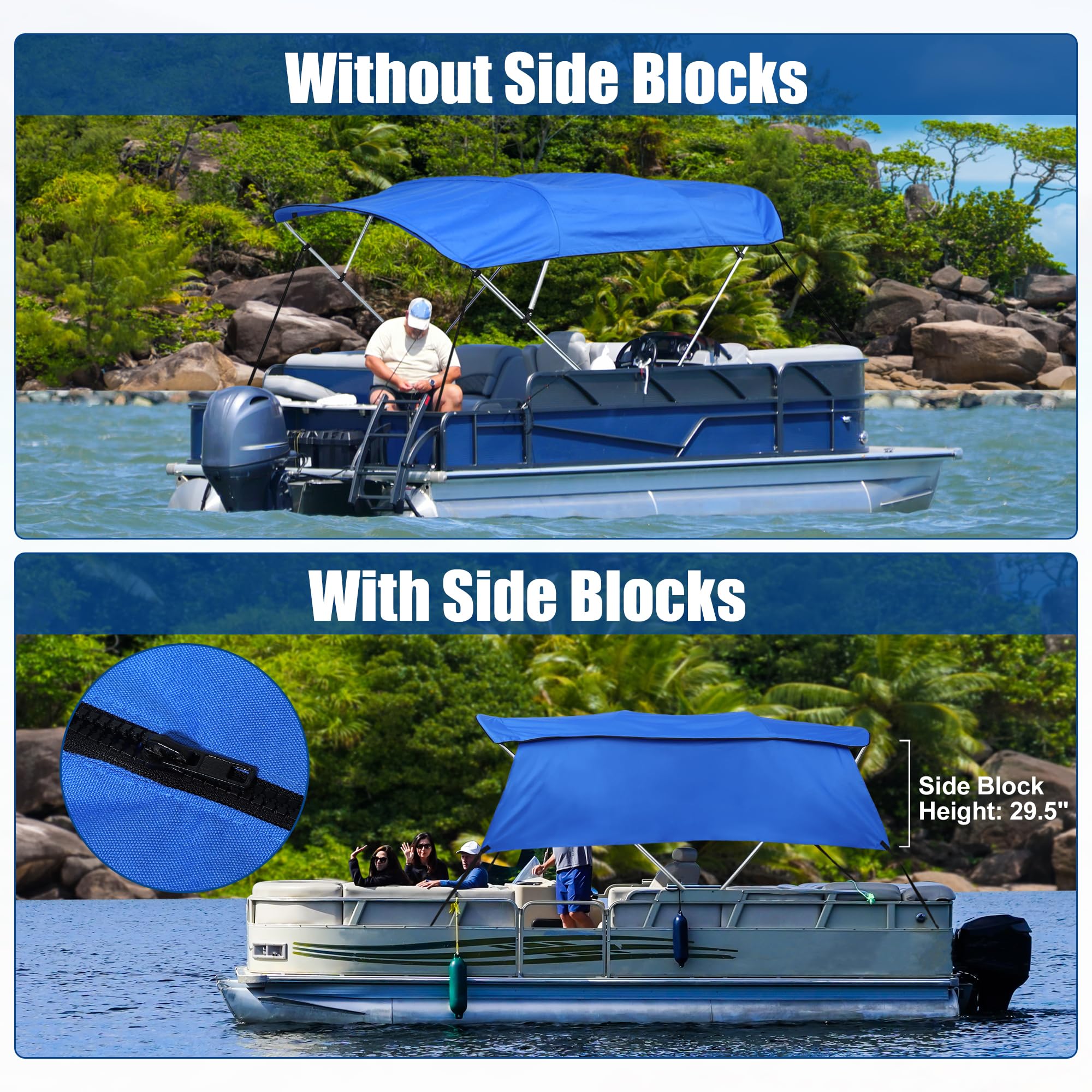 X AUTOHAUX 600D Canvas Only NO Frame 4 Bow Bimini Top Replacement Top Cover with Detachable Side Blocks Storage Boot Blue