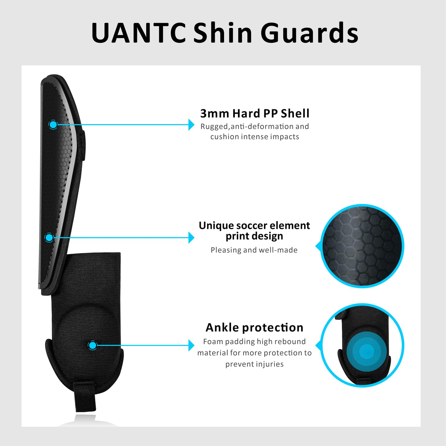 Uantc Shin Guards - Shin Guards with Ankle Protection Cushion Protection Reduce Shocks and Injuries - Kids Soccer Shin Guards with Adjustable Straps for Boys/Girls - Shin Guards Soccer Youth BlackXS