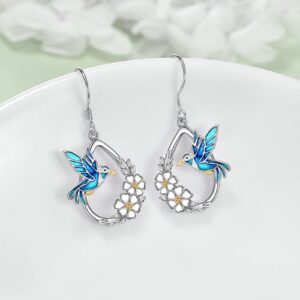 VONALA Hummingbird Earrings 925 Sterling Silver Blue Bird Drop Earrings Daisy Dangle Dangling Earrings Hummingbird Jewelry Gift for Women