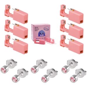 chuanci 6pcs pink ear piercing kit, evatage disposable self ear piercing gun kit, nose piercing tools with crystal stud earrings for home salon piercing (6pcs gun with pink zircon)