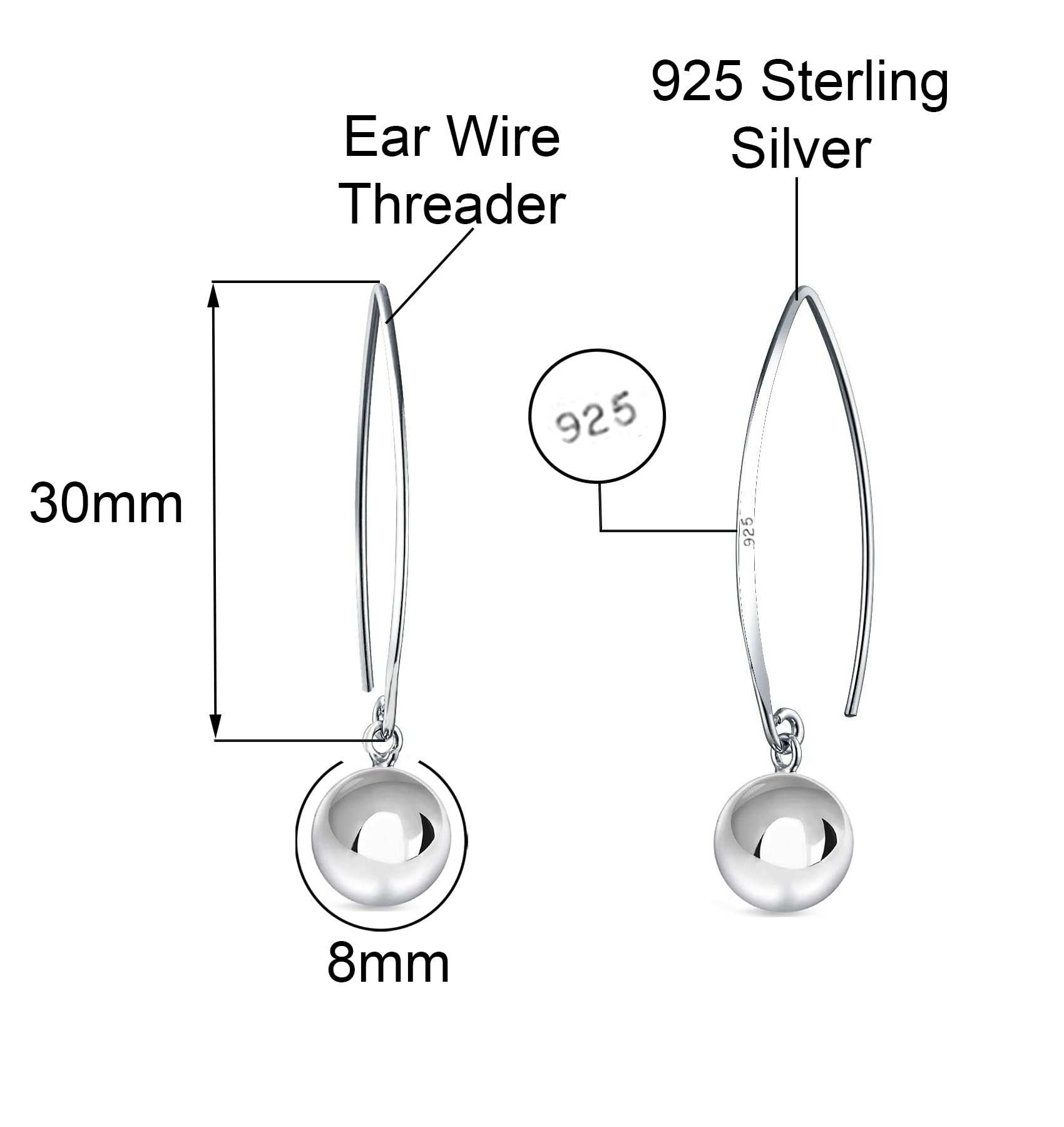 Savlano 925 Sterling Silver Ear Wire Threader Bead Ball Dangling Drop Earrings for Women Available in 6MM, 8MM, 10MM and 12MM -Made in Italy Comes With Savlano Gift Box (8MM)