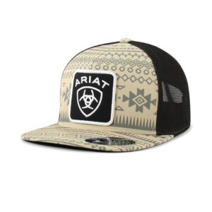 ariat men's flexfit 110 cap,tan with aztec pattern, black & white logo patch, black mesh back, snapback