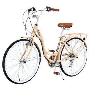 MEGHNA Cruiser Bike Low Step-Through 26inch Commuter Bike V - Brake 7 Speed Shifter Driven City Bike for Women Senior Men (Beige)