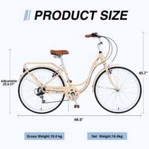 MEGHNA Cruiser Bike Low Step-Through 26inch Commuter Bike V - Brake 7 Speed Shifter Driven City Bike for Women Senior Men (Beige)