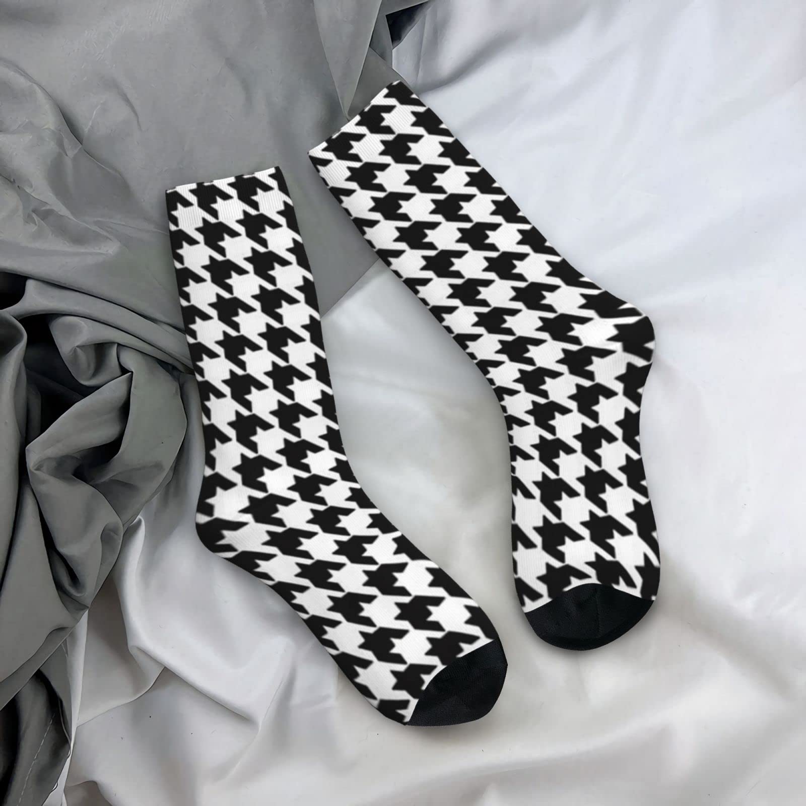 Men and Women Crew Socks Black and White Houndstooth Tube Socks Fashion Casual Boot Socks for Sports, Running, Travel, Hiking Work Socks