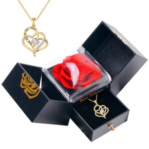 PICKBEAU Preserved Red Real Rose with Double Heart Gold Pendant Necklace for Women on Christmas Mothers Day Valentines Day Birthday Gifts for Women-Gold