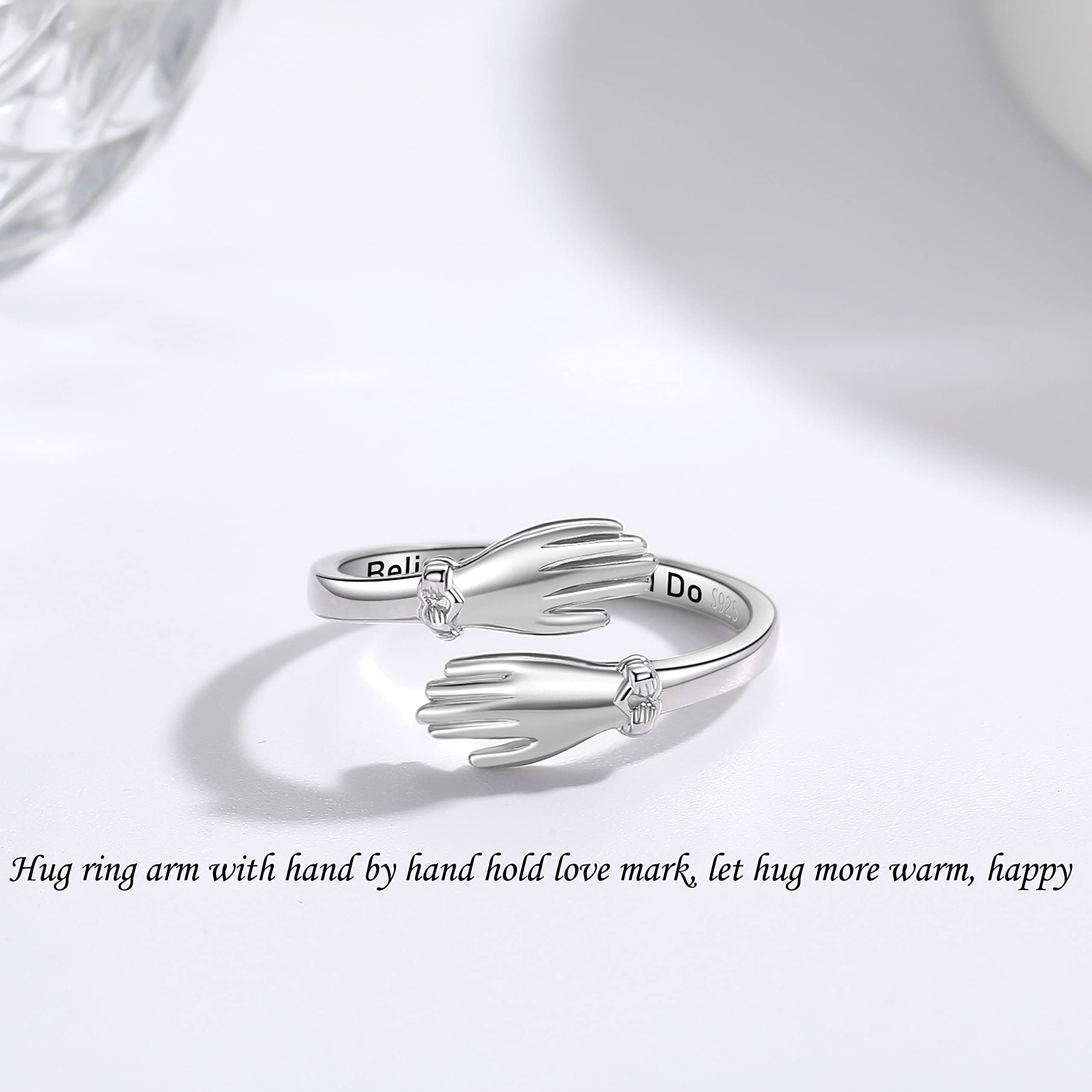 ZOEXUE Inspirational Jewelry Hand Rings: Sterling Silver Hug Rings for Women Adjustable Open Stacking Hugging Ring Believe In You Like I Do - Personality Encouragement Jewelry Gifts for Women Ladies