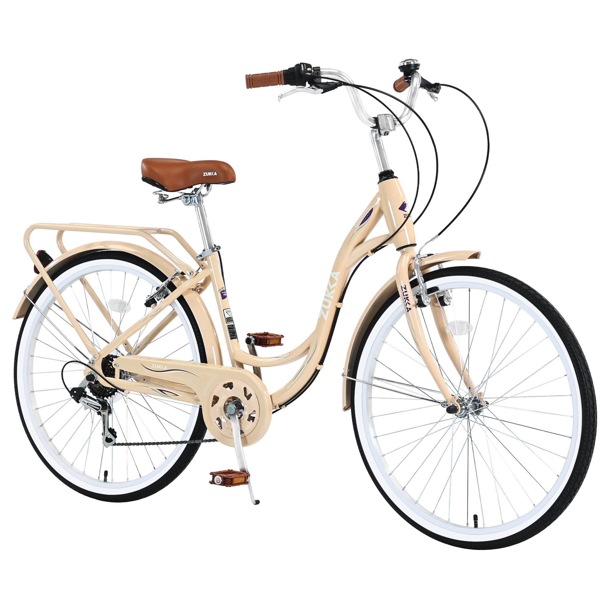 MEGHNA Cruiser Bike Low Step-Through 26inch Commuter Bike V - Brake 7 Speed Shifter Driven City Bike for Women Senior Men (Beige)