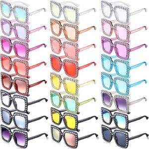 chuangdi 24 pairs women disco 70s rhinestone crystal sunglasses bulk 5.7 x 1.8 large square sparkling sunglasses thick frame diamond bling bling shape sequins glass colorful retro party supplies