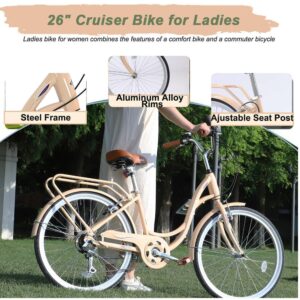 MEGHNA Cruiser Bike Low Step-Through 26inch Commuter Bike V - Brake 7 Speed Shifter Driven City Bike for Women Senior Men (Beige)