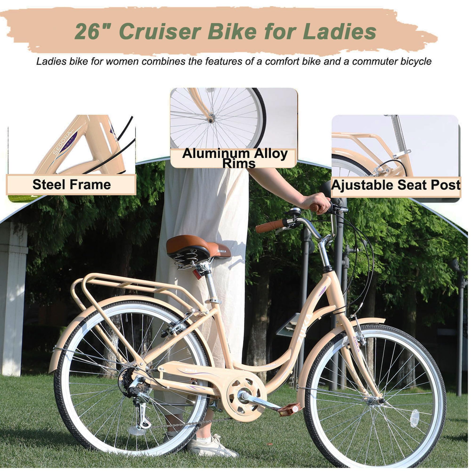 MEGHNA Cruiser Bike Low Step-Through 26inch Commuter Bike V - Brake 7 Speed Shifter Driven City Bike for Women Senior Men (Beige)