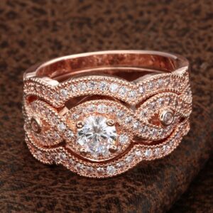 Bcughia CZ Wedding Ring, Ring for Women Engagement 3Pcs Rose Gold Copper White Round Gemstone 3 Ring Set Twisted Crown Wedding Ring Gift Size 8