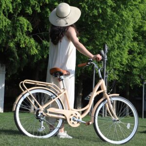 MEGHNA Cruiser Bike Low Step-Through 26inch Commuter Bike V - Brake 7 Speed Shifter Driven City Bike for Women Senior Men (Beige)