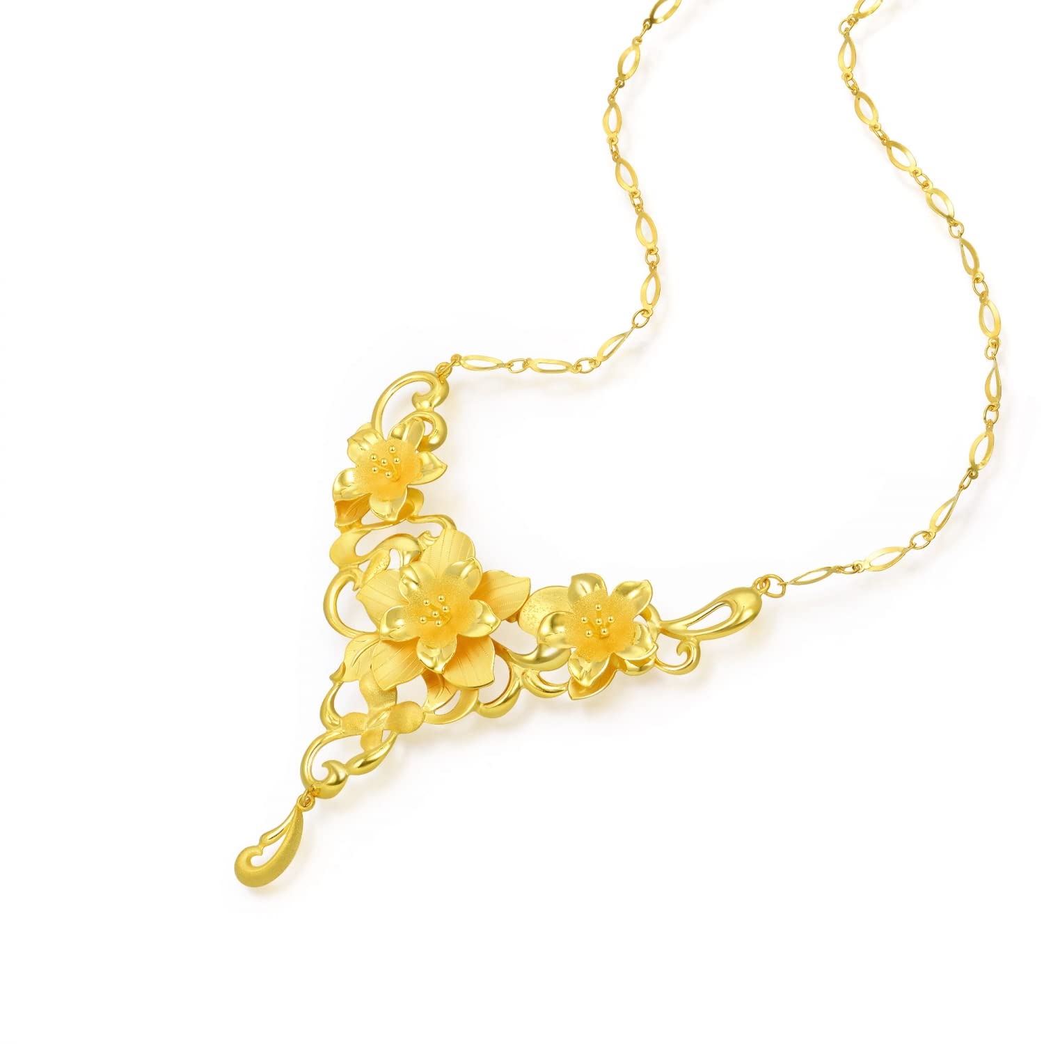 CHOW SANG SANG Chinese Wedding Collection 999.9 24K Solid Gold Price-by-Weight 24.7g Gold Floral Blooming Necklace for Women and Wedding Occasions 90418N | 18.5", (47 CM)