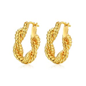 18k yellow gold plated double twisted rope round hoop earrings, hypoallergenic lightweight huggie earrings for women and girls (yellow hoop earrings)