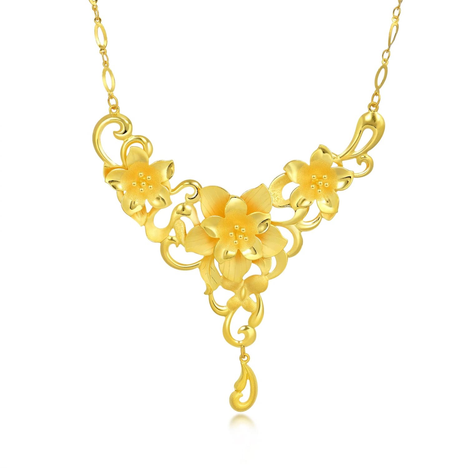 CHOW SANG SANG Chinese Wedding Collection 999.9 24K Solid Gold Price-by-Weight 24.7g Gold Floral Blooming Necklace for Women and Wedding Occasions 90418N | 18.5", (47 CM)