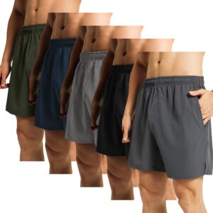 gym revolution men's 5 pack workout running quick dry gym training shorts with pockets black grey dark grey navy blue army green m