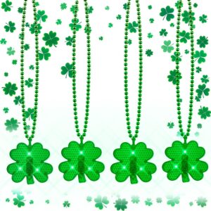 eoboh 4pcs st patrick's day necklace accessories, light up st patricks day green beads, irish shamrock bulk 3d st patricks day decorations bulk parade procession party favor celebrations