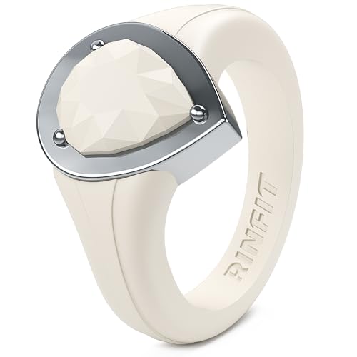 Rinfit Silicone Rings Women - Promise Ring, Silicone Wedding Bands for Her - Metal Framed Silicone Pear -Pack F: White/Silver, Size 7