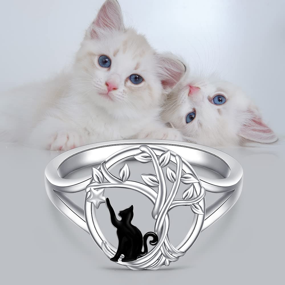 Black Cat Rings for Women Cat Ring Tree of Life Ring Cats Remembrance Black Cats Sterling Silver Family Animal Lovers Jewelry Size 8