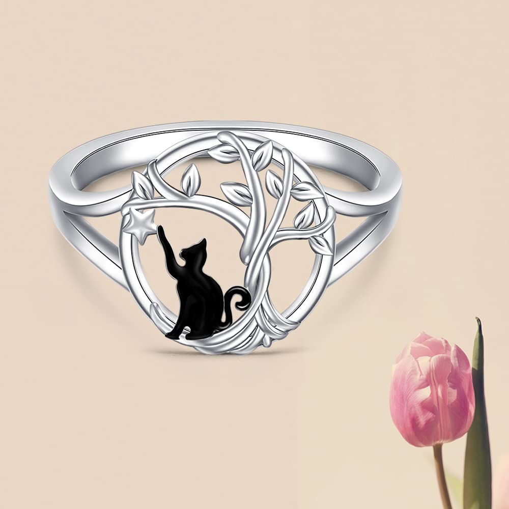 Black Cat Rings for Women Cat Ring Tree of Life Ring Cats Remembrance Black Cats Sterling Silver Family Animal Lovers Jewelry Size 8