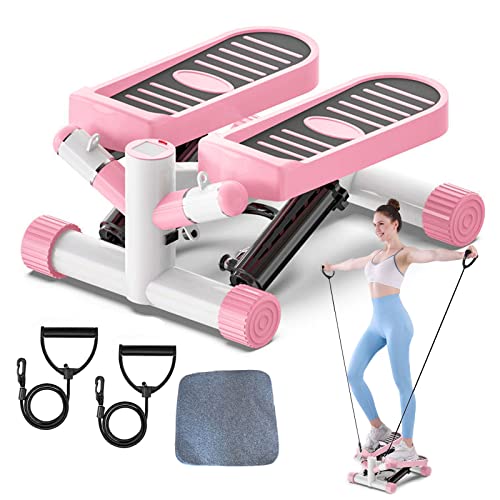 Kweetle Steppers for Exercise, Mini Stair Stepper with Resistance Bands & Mat, Stepper Machine 330lbs Bearing Capacity with LCD Display for Home Office Workout Training, Pink