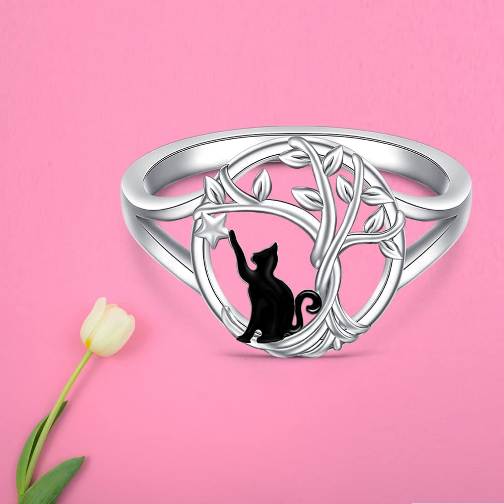 Black Cat Rings for Women Cat Ring Tree of Life Ring Cats Remembrance Black Cats Sterling Silver Family Animal Lovers Jewelry Size 8